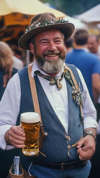 Smiling Man In Traditional Bavarian Clothing Holds A Beer Stein