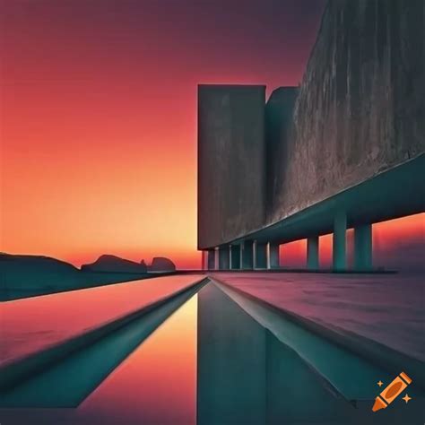 Sunset Over A Brutalist Architectural Structure On Craiyon