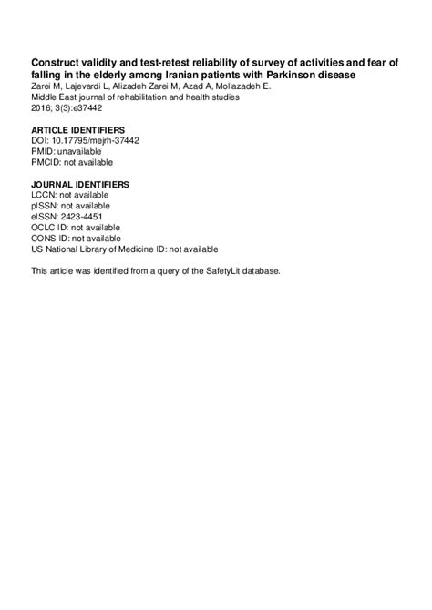 Pdf Construct Validity And Test Retest Reliability Of Survey Of Activities And Fear Of Falling