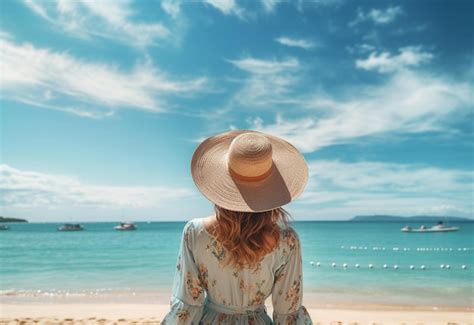 Premium Ai Image Young Tourist Woman In Summer Dress And Hat Standing