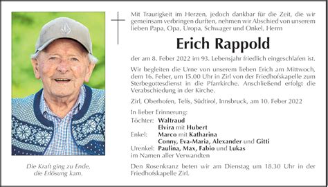 Traueranzeige Von Erich Rappold Vom 08022022 Tiroler Tageszeitung