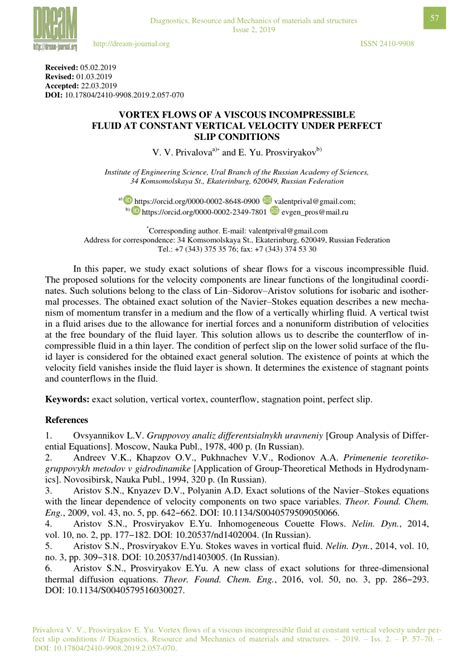 Full Article Vortex Flows Of A Viscous Incompressible Fluid At Constant Vertical Velocity Under