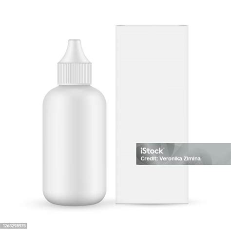 골판지 상자 모형 전면 보기 흰색 배경에 고립 된 플라스틱 유니콘 드롭퍼 병 3차원 형태에 대한 스톡 벡터 아트 및 기타 이미지 3차원 형태 건강관리와 의술 건강한