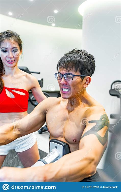 Shirtless Muscular Body Asian Chinese Man Exercising Training Abs Doing