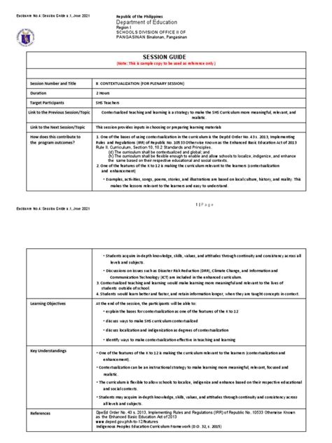 Sample Session Guide For Inset Pdf Curriculum Learning