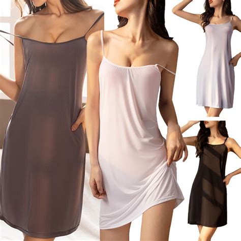 Womens Ultra Thin Straps Chemise Night Dress See Through Silk Sexy