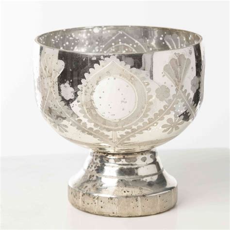 Antiqued Etched Silver Mercury Glass Compote Vessel Darby Creek Trading