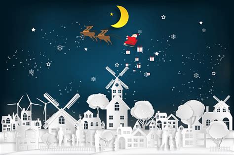 눈송이 눈사람 및 휴일과 Xmas 일 개념으로 겨울 배경에서 메리 크리스마스 순 록 썰매에 산타 클로스 벡터 일러스트 레이 션