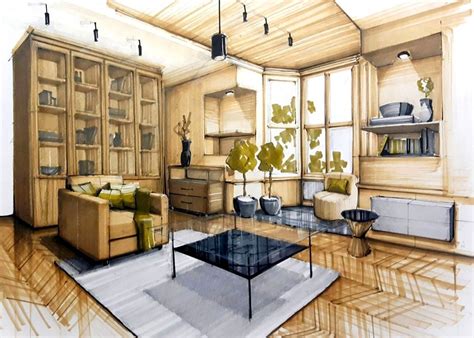 Interior Design Sketch Warm Nude Living Room Drawing Copic Markers Hand Ren Interior