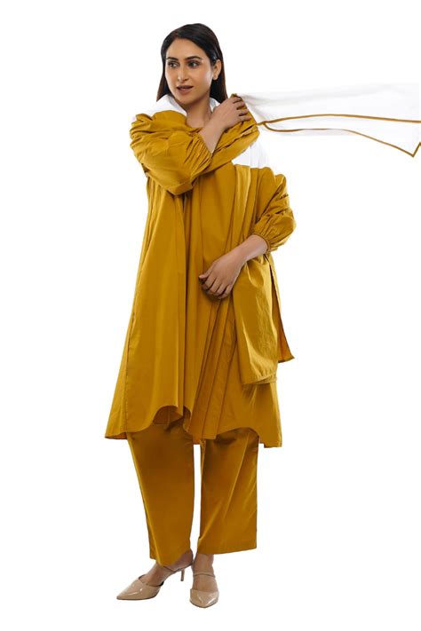 Buy Yellow Poplin Cotton V Neck Pleated Dress Pant Co Ord Set For Women