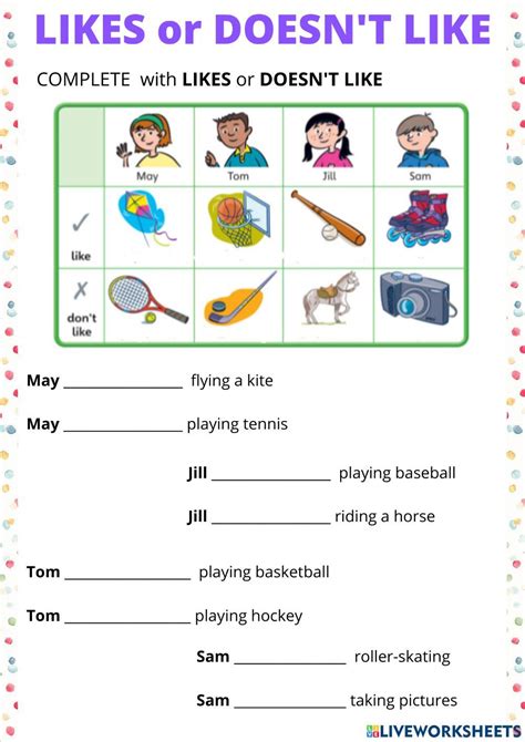 LIKES Or DOESN T LIKE Interactive Worksheet Likes And Dislikes