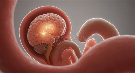 Fetal Development A 3d Render Of A Human Embryo With A Glowing Brain
