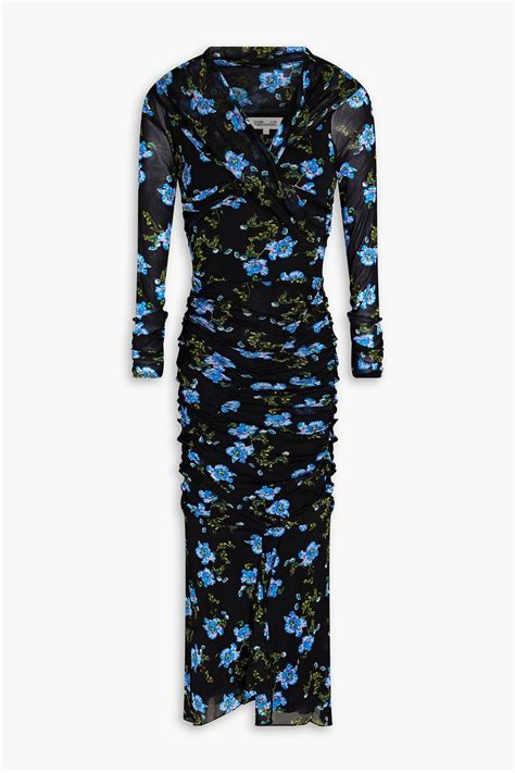 Diane Von Furstenberg 루쉬 장식 플로럴 프린트 스트레치 메쉬 미디 드레스 최대 70 세일 The Outnet
