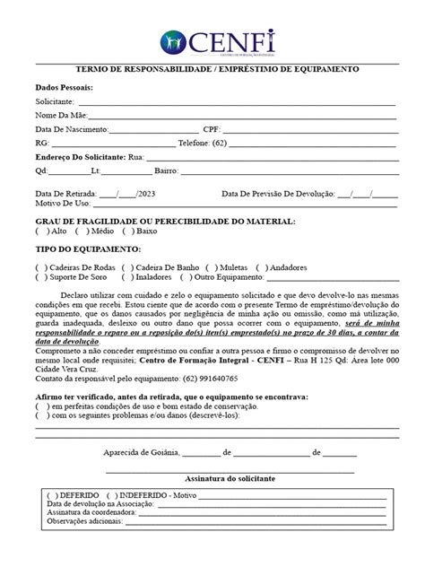 Termo De Responsabilidade Empréstimo De Equipamentos Pdf Empréstimos
