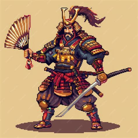 Pixel Art Samurai Warrior In Traditional Armor Holding A Fan And Katana