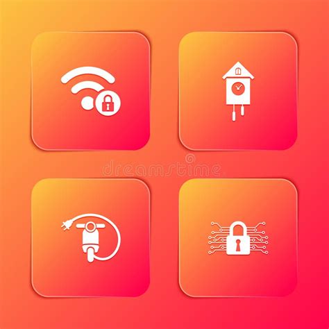 Set Wifi Locked Retro Wall Watch Electric Scooter And Cyber Security Icon Vector Stock Vector