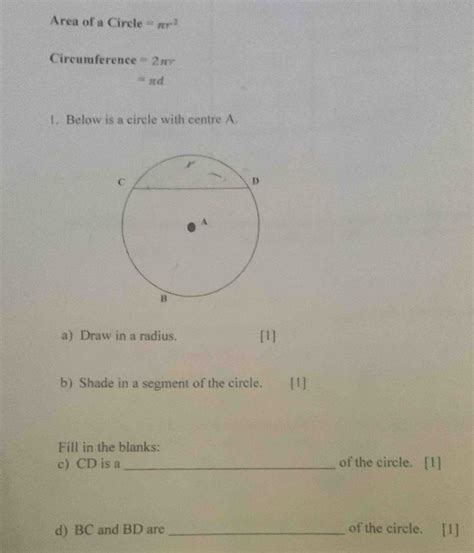 Solved Area Of A Circle R Circumference R D Below Is A
