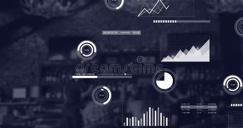 image of multiple business graphs moving over coffee shop stock