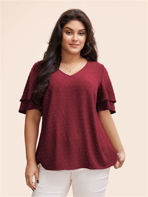 Plain Ruffle Tiered Sleeve V Neck Polka Dot Blouse Bloomchic