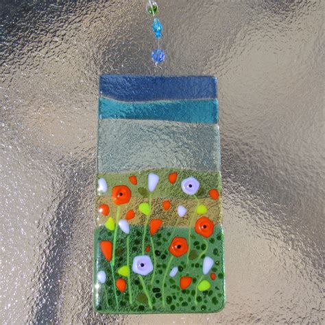 Fused Glass Wall Art Glass Poppies Sun Catcher Orange Purple Etsy