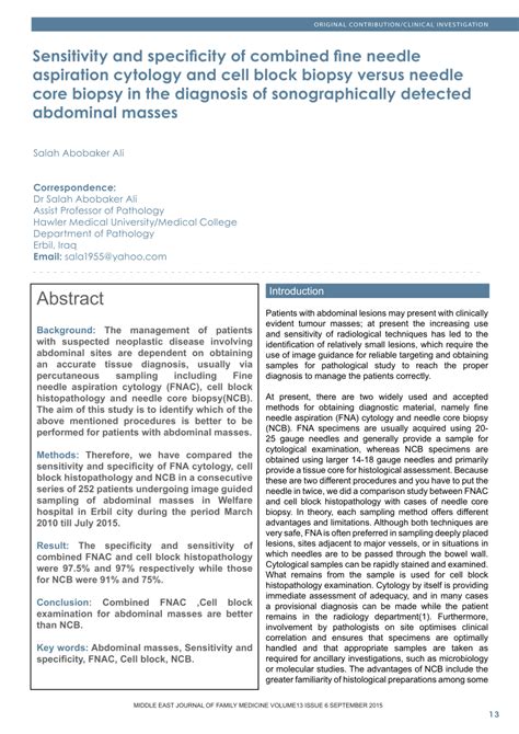 Pdf Sensitivity And Specificity Of Combined Fine Needle Aspiration