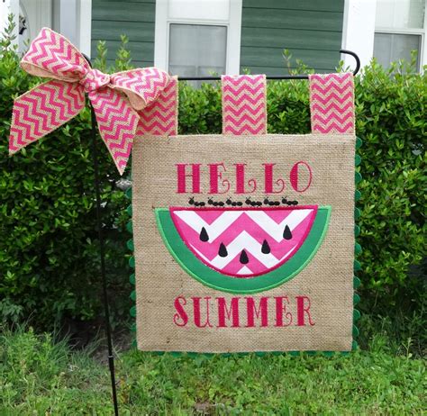 Custom Burlap Garden Flag Hello Summer Embroidery Applique
