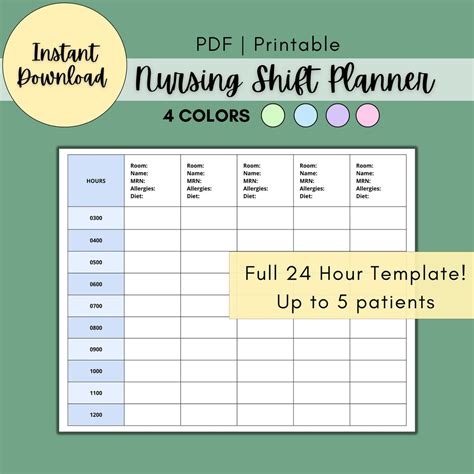 24 Hour Nursing Hourly Rounds Template Five Patient Nursing Shift Planner Nursing Planner