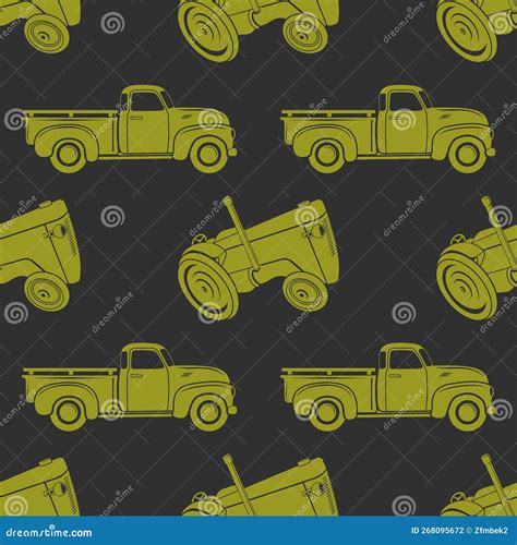 Retro Farm Tractor And Old Pickup Seamless Pattern Stock Vector