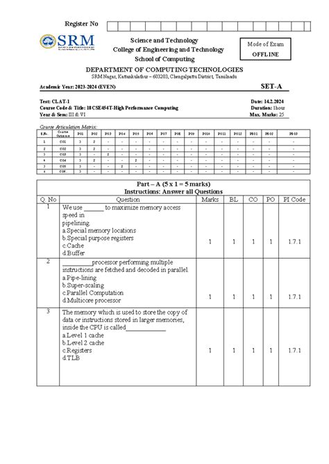 Hpc Ct1 Set A Qp Register No Srm Institute Of Science And Technology College Of Engineering