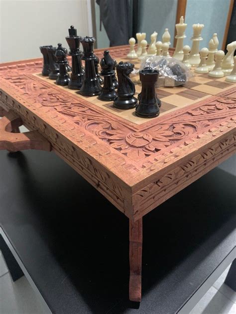 Vintage Balinese Hand Carved Wood Chess Set Board With Backgammon