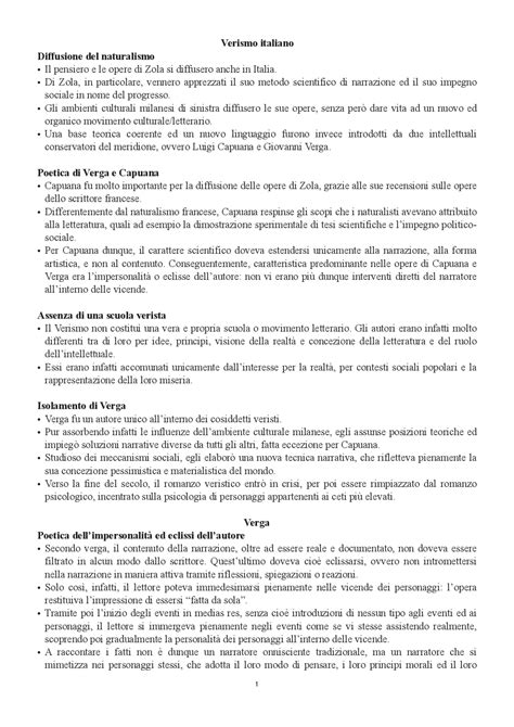 Riassunti Su Verismo E Verga Docsity