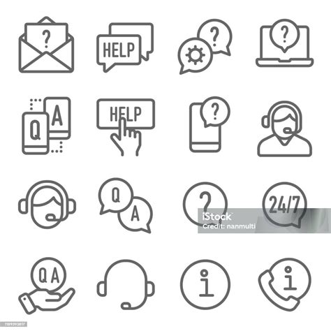도움말 및 지원 아이콘은 벡터 일러스트레이션을 설정합니다 정보 콜 센터 Q 및 A 운영자 연락처 등과 같은 아이콘이 포함되어 있습니다 확장스트로크 고객 서비스 담당자에 대한