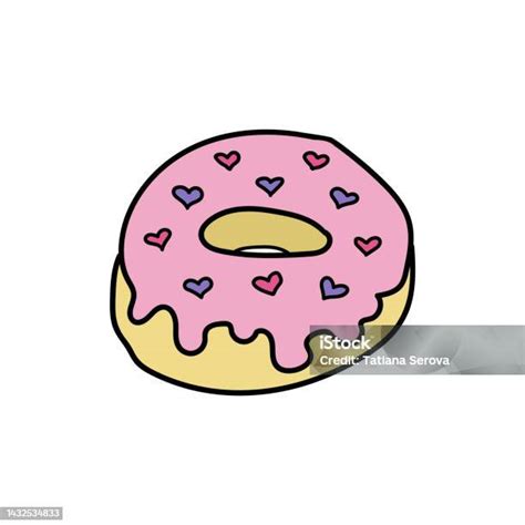 흰색 배경에 고립 된 하트 낙서 일러스트레이션이있는 분홍색 서리가 내린 도넛 맛있는 달콤한 도넛 만화 스타일 아이콘 장식 요소