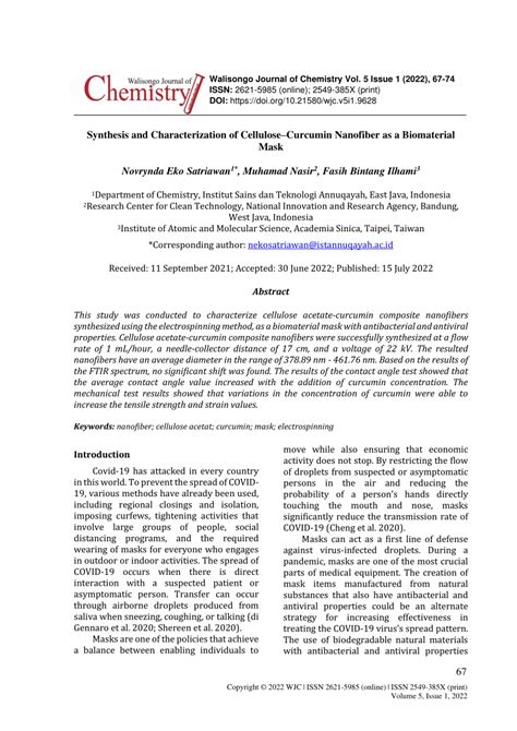 Pdf Synthesis And Characterization Of Cellulosecurcumin Nanofiber As A Biomaterial Mask