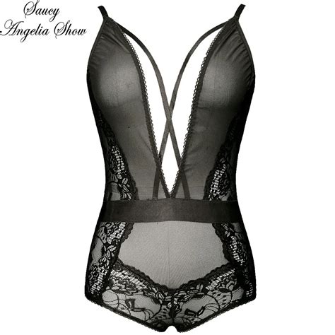Saucy Angelia Rompers Womens Jumpsuit Sexy See Through Deep V Lace