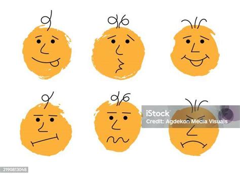 라운드 브러시 스트로크 웃는 얼굴 다른 감정 세트 손 그린 감정에 대한 스톡 벡터 아트 및 기타 이미지 감정 귀여운 낙서 드로잉 Istock