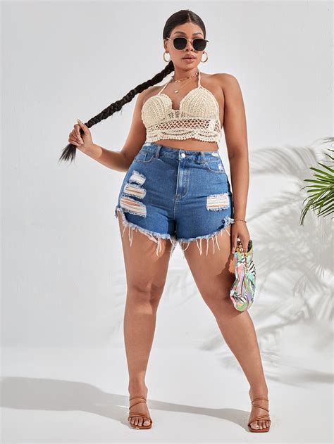 Shein Sxy Plus Ripped Raw Cut Denim Shorts Shein Usa