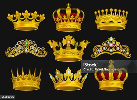 골든 크라운 및 보석으로 장식 된 왕관의 현실적인 벡터 집합입니다 로얄의 빛나는 머리 장식 티아라에 대한 스톡 벡터 아트 및 기타 이미지 Istock