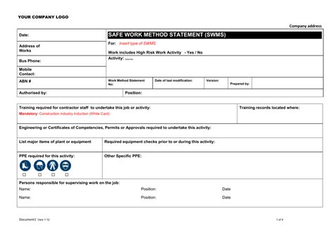 Safe Work Method Template Blank Facilities Management