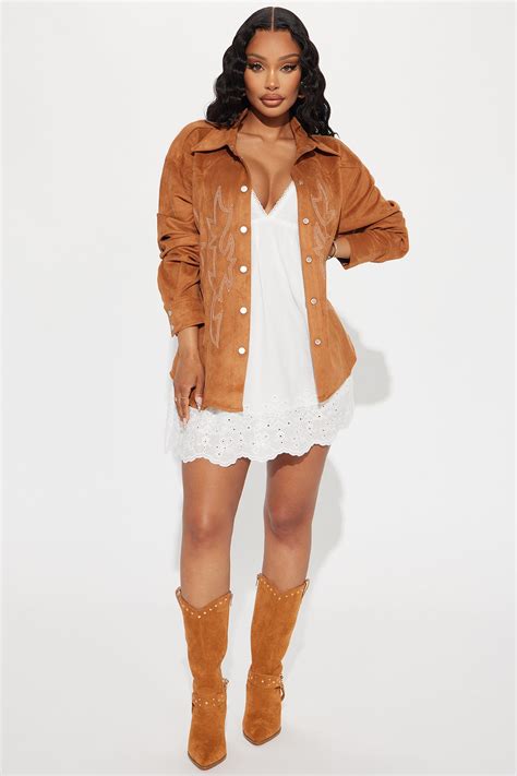 Houston Embroidered Faux Suede Shirt Camel Fashion Nova