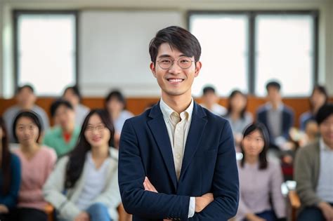 Premium AI Image Asian University Professor Lectures To Classroom