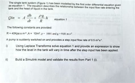 The Single Tank System Figure 1 Has Been Modelled By The First Order Differential Equation