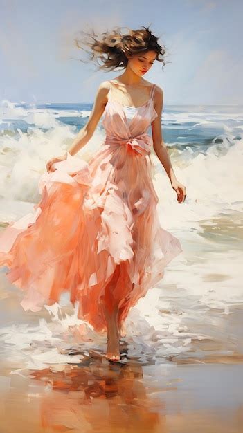 Premium Ai Image Woman Walking Beach Pink Dress Long Luxurious Light
