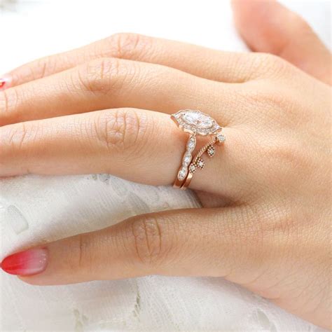 Marquise Moissanite Ring Bridal Set Rose Gold Halo Diamond Wedding Set