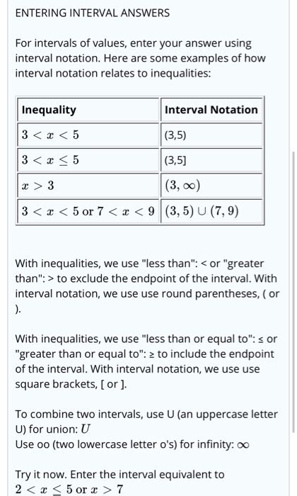 Solved Entering Interval Answers For Intervals Of Values