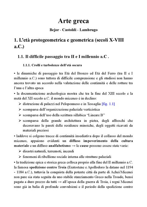 Riassunto Dei Primi 3 Capitoli Di Arte Greca Di Bejor Castoldi E