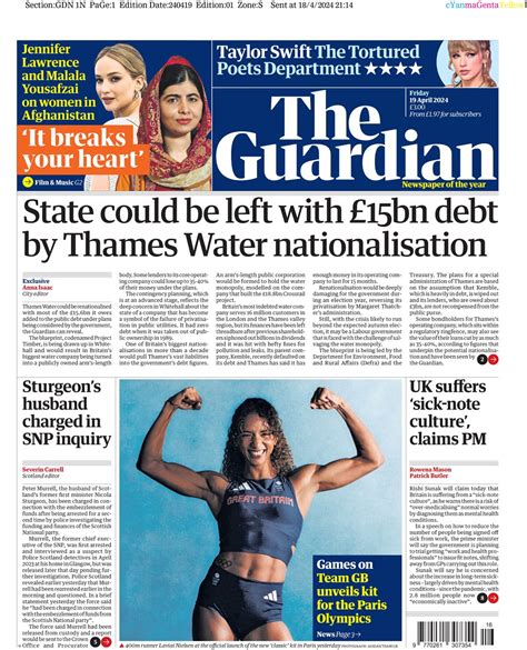 Guardian Front Page 19th Of April 2024 Tomorrows Papers Today