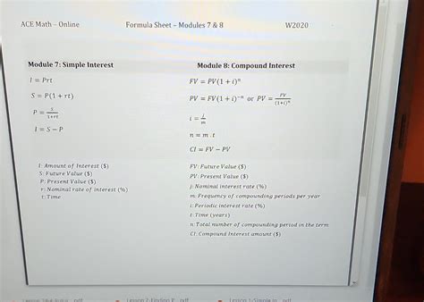 Solved Ace Math Online Formula Sheet Modules 7and8 W2020