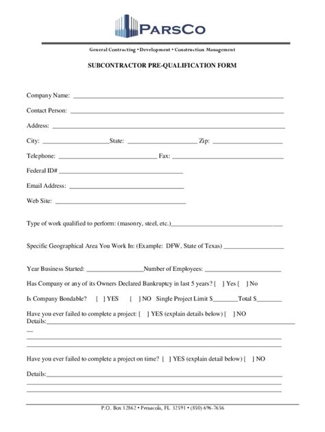 Fillable Online Subcontractor Pre Qualification Form Parsco Fax