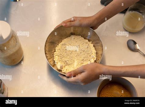 Making Cookie Bread Dough Before Baking Hands Holding Bowl Of Flour